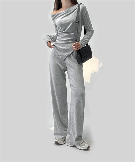 세트보정효과 어깨조절 드레이프 셔링 오프숄더 밴딩 와이드 일자 트레이닝 팬츠 꾸안꾸 투피스 셋업 3컬러 에이블리