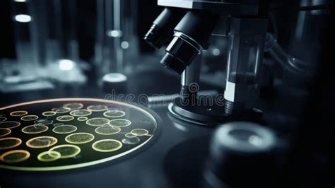 Microscope Observing Bacterial Cultures In Petri Dish Stock