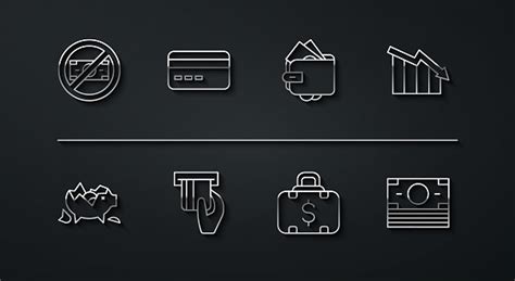 세트 라인 돈 없음 깨진 돼지 저금통 재정 성장 감소 서류 가방 및 신용 카드 삽입 아이콘이 있는 지폐 및 지갑 쌓기 벡터 가방에 대한 스톡 벡터 아트 및 기타 이미지