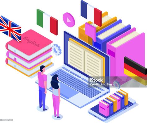 언어 학교 온라인 학습입니다 번역기 아이소메트릭 벡터 일러스트입니다 웹 페이지 영웅 이미지 인포 그래픽에 사용 합니다 3차원 형태에 대한 스톡 벡터 아트 및 기타 이미지