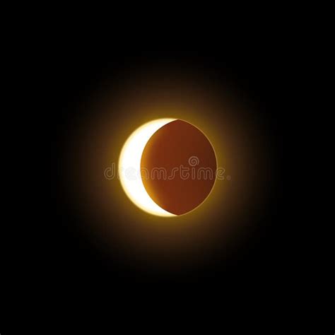 Lunar Or Solar Eclipse Phase Illustration With Glowing Ring On Black Isolated Background Stock