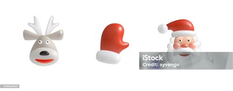 크리스마스 3d 아이콘 세트입니다 사슴 얼굴 산타 클로스 벙어리 장갑 산타 클로스 얼굴은 흰색으로 고립되어 있습니다 크리스마스 기호입니다 크리스마스와 새해 연휴를 위한