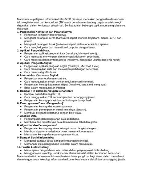 Materi Umum Pelajaran Informatika Kelas 5 Sd Pdf