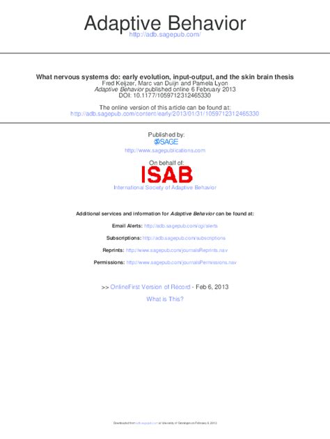 Pdf What Nervous Systems Do Early Evolution Input Output And The Skin Brain Thesis