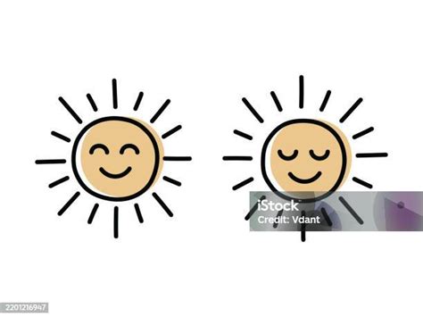 미소 아이콘 라인 아트 고립 된 벡터 일러스트 레이 션과 함께 태양의 집합입니다 개체 그룹에 대한 스톡 벡터 아트 및 기타