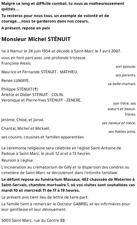 Avis De Décès De Michel StÉnuit Décédé Le 07 04 2007 à Namur Annonce Condoléances Fleurs