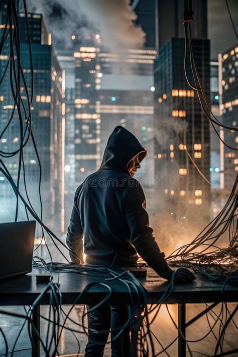 Behind The Scenes View Of A Hooded Hacker In A Room Full Of Wires And Smoke And Multiple