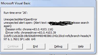 Excel VBA Selenium Chrome Unexpected Alert Error Stack Overflow
