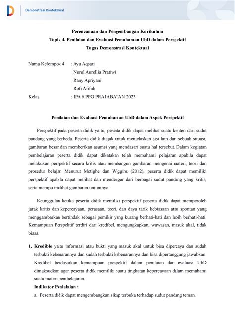Penilaian Dan Evaluasi Pemahaman Ub D Dalam Aspek Perspektif Perencanaan Dan Pengembangan