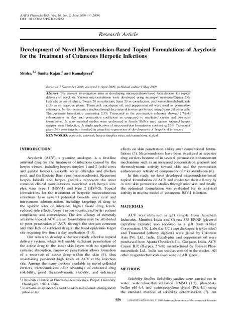 Pdf Development Of Novel Microemulsion Based Topical Formulations Of Acyclovir For The