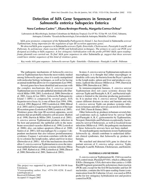 Pdf Detection Of Hila Gene Sequences In Serovars Of Salmonella Enterica Subspecies Enterica