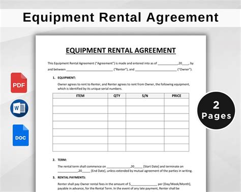 Equipment Rental Agreement Templates Equipment Rental Contract Form