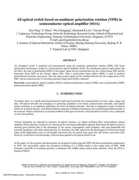 Pdf All Optical Switch Based On Nonlinear Polarization Rotation Npr In Semiconductor Optical