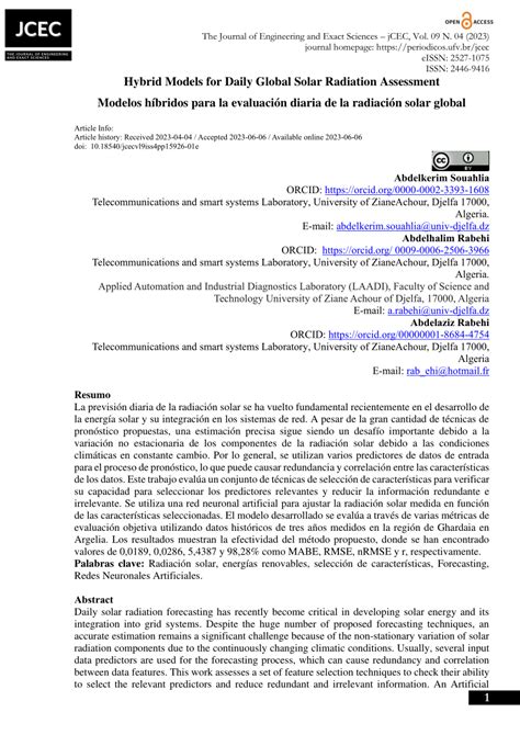 Pdf Hybrid Models For Daily Global Solar Radiation Assessment Modelos Híbridos Para La