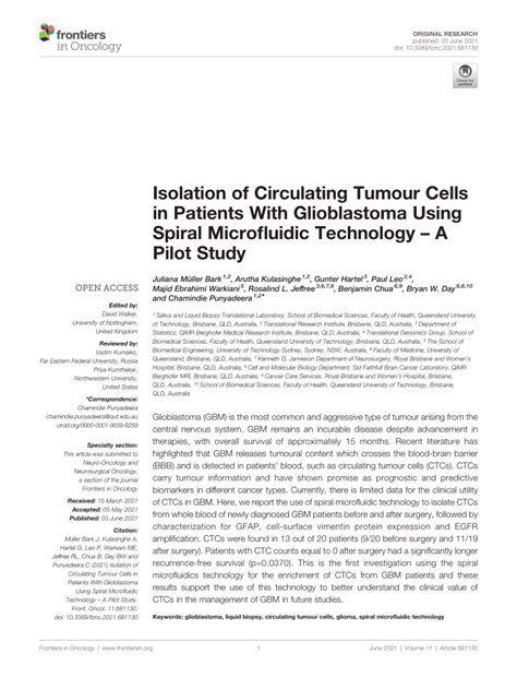 Pdf Isolation Of Circulating Tumour Cells In Patients With Glioblastoma Using Spiral