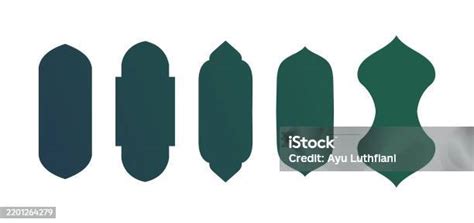 이슬람 아치 모스크 창문 모양 녹색 파란색 그라데이션 색상의 프레임 컬렉션 전통적인 아라비아 플랫 디자인 요소와 장식 무슬림 건축 기하학적 디자인 벡터 일러스트 레이 션 0