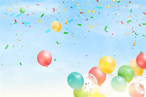 Полет яркими красочными воздушными шарами с конфетти лентой серпантином на фоне голубого неба