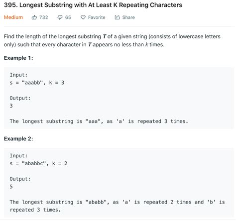 Leetcode 395 Longest Substring With At Least K Repeating Characters