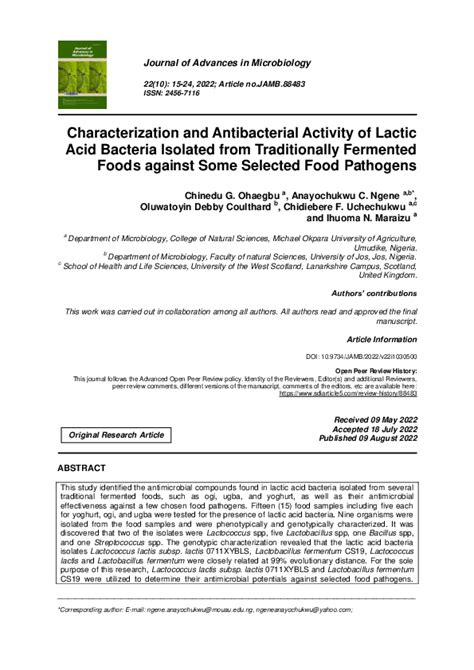 Pdf Characterization And Antibacterial Activity Of Lactic Acid Bacteria Isolated From