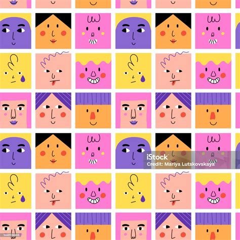 추상 사각형은 매끄러운 패턴을 향합니다 재미있는 만화 캐릭터 낙서 트렌디 한 아바타 미소 사람들 현대 기하학적 인쇄물 장식 섬유 포장지 벽지 벡터 배경 사람 얼굴에 대한