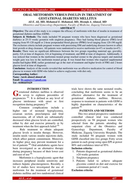 Pdf Oral Metformin Versus Insulin In Treatment Of Gestational Diabetes Mellitus