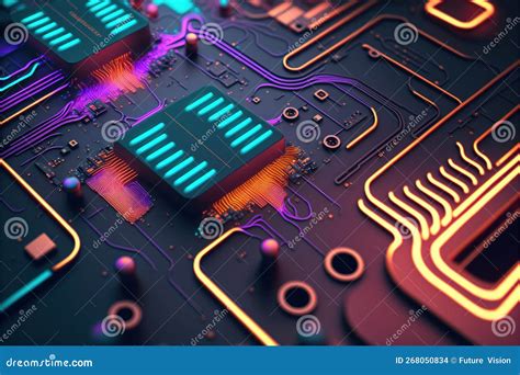 Colourful Neon Computer Chip On Black Background Created Using Generative Ai Technology Stock