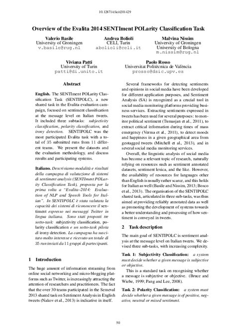 Pdf Overview Of The Evalita 2014 Sentiment Polarity Classification Task