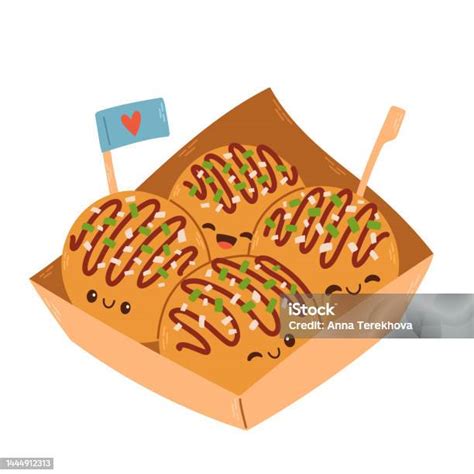 타코야키 벡터 아시아 음식입니다 흰색 바탕에 귀여운 타코야키 텍스트를 위한 여유 공간 벡터 그림 가공의 인물에 대한 스톡 벡터
