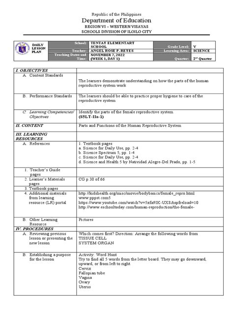 Lesson Plan Science 5 Week 1 Day 1 Pdf Reproductive System Uterus