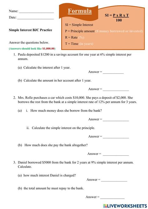 Simple Interest Free Interactive Worksheets 889080