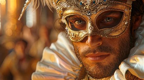 Behind The Ornate Design Of His Masquerade Mask A Man Embraces The