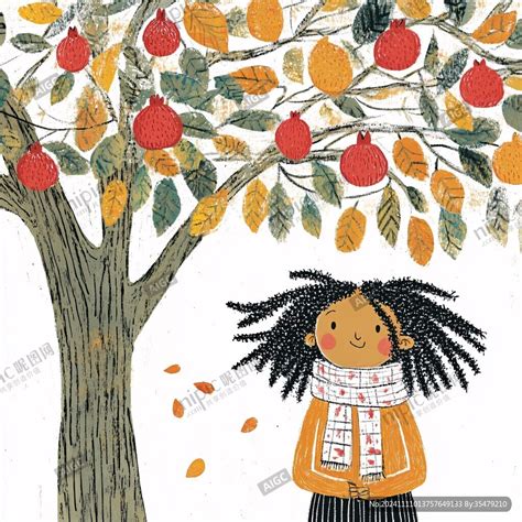 Ai创作图手绘原创插画秋天 小女孩摘苹果插画 摘刺梨的小女孩插画 采摘柿子的小姑娘 儿童肌理插画 绘本儿插 摘果子的小女孩 秋天文创插画 十二月插画月份插画 站在荔枝上的小姑娘 小女孩苹果包装