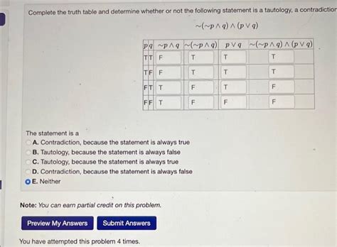 solved complete the truth table and determine whether or not