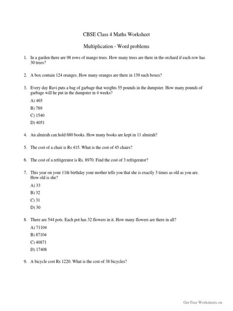 word problems cbse class 4 worksheet pdf