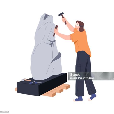 조각가 돌 동상 위대한 조각 장인의 조각 도구 창조적 인 장인 만들기 망치와 끌로 스마를 조각 흰색 배경에 격리된 플랫 벡터