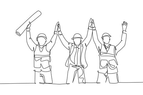 Single Line Drawing Of Construction Worker And Foreman Celebrate Their