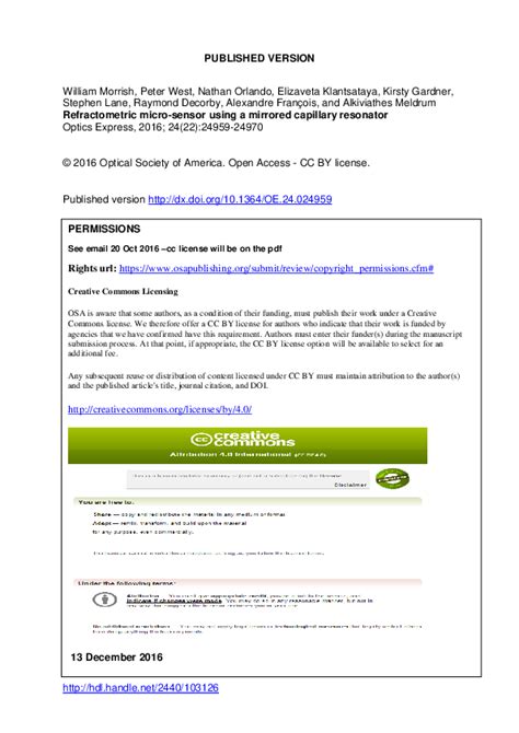Pdf Refractometric Micro Sensor Using A Mirrored Capillary Resonator