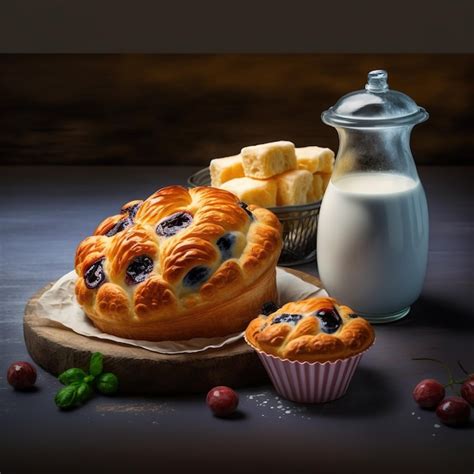 Premium Photo Fresh Danish Bread With Milk And Fruit Blueberry