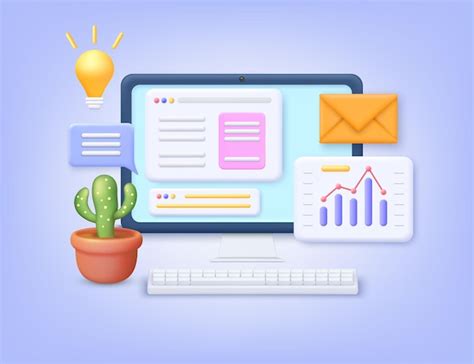 3d 컴퓨터 및 웹 작업 아이콘 새로운 아이디어 메시지 채팅 버블 및 봉투 편지 선인장 식물 및 다이어그램 차트 작업 공간 요소의 램프 기호 벡터 그림 프리미엄 벡터