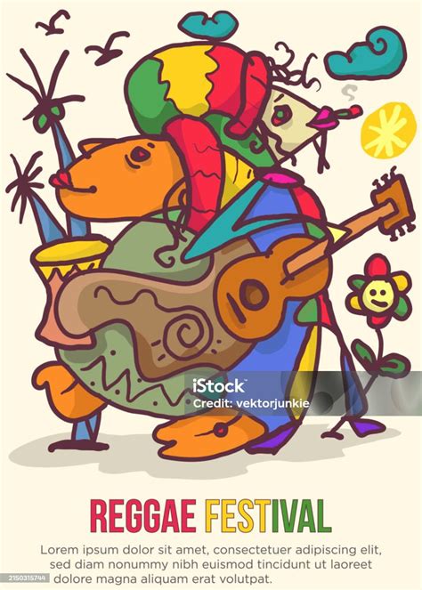 Dreadlock 타악기 연주자와 기타리스트 개념 추상 선사 시대 이미지 레게 축제 템플릿 포스터 벡터 일러스트 레이 션