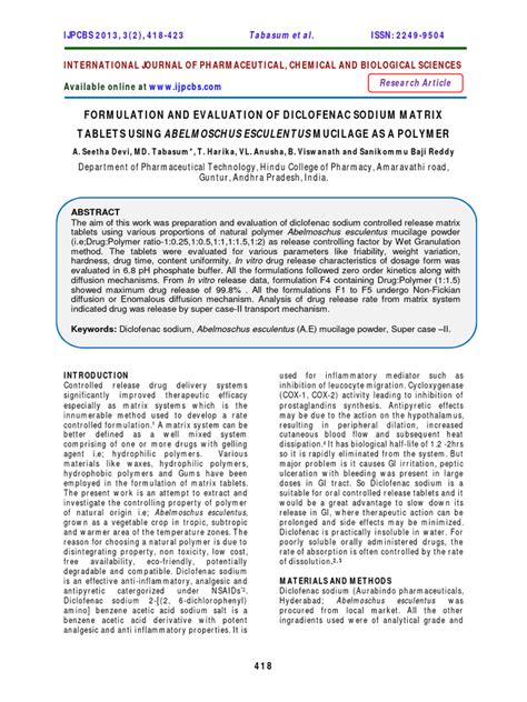 Formulation And Evaluation Of Diclofenac Sodium Matrix Tablets Using Abelmoschus