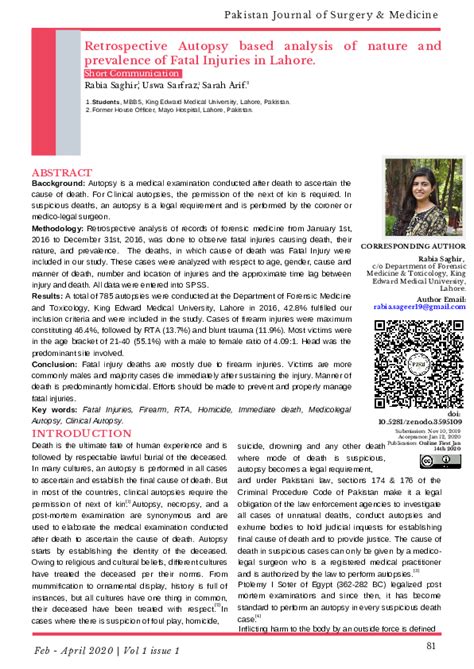 Pdf Retrospective Autopsy Based Analysis Of Nature And Prevalence Of Fatal Injuries In Lahore