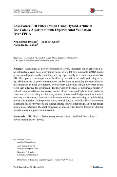 Pdf Low Power Fir Filter Design Using Hybrid Artificial Bee Colony Algorithm With Experimental