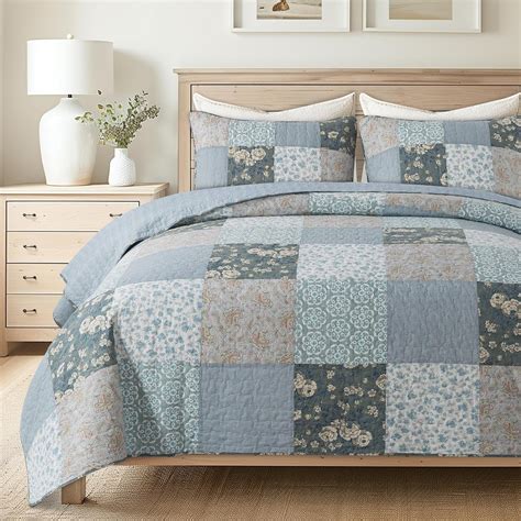 Slpr Wildflowers Cotton Quilt Set Twin Size With 1 Sham Blue Gray Floral Pieced