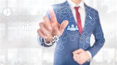 기어와 아이콘이 있는 비즈니스 프로세스 추상 다이어그램 워크플로 및 자동화 기술 개념 프리미엄 사진