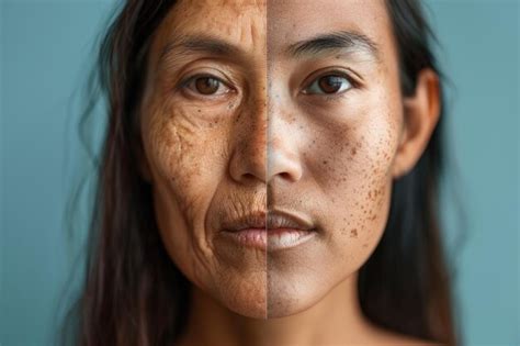 Facial Aging Comparison Of A Young And Elderly Woman In A Halfface Portrait Premium Ai