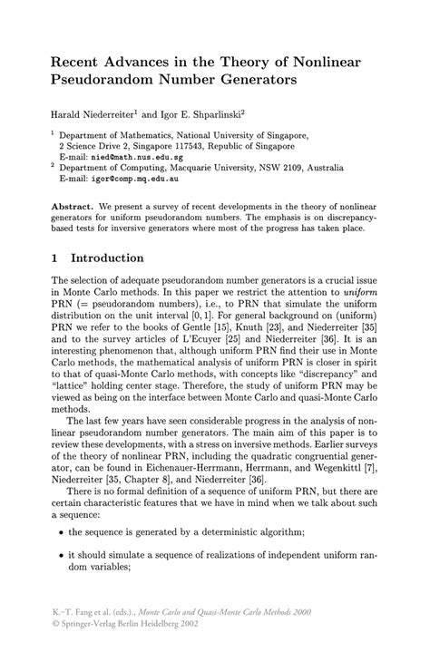 Pdf Recent Advances In The Theory Of Nonlinear Pseudorandom Number