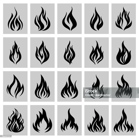 플랫 벡터 흑백 불 불꽃 실루엣 아이콘 세트 모닥불 모양 표지판 격리되어 있습니다 모닥불 수집 개념에 대한 스톡 벡터 아트 및 기타 이미지 Istock