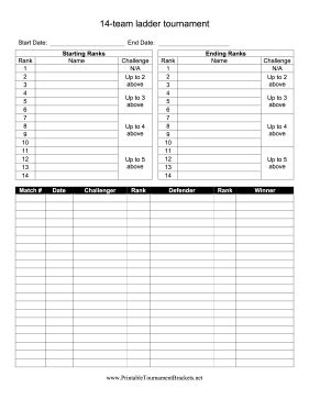 Printable 14 Team Ladder Tournament Bracket