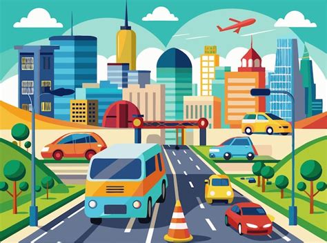 Vector Design Of A City Traffic Scene With Roads Vehicles And Traffic